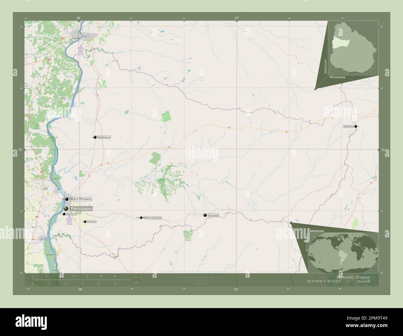 Paysandu, department of Uruguay. Open Street Map. Locations and names ...