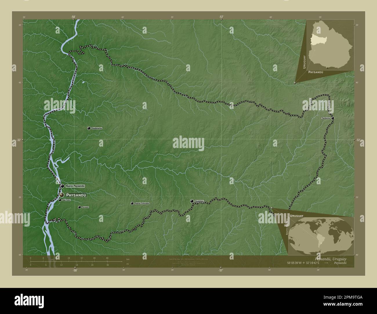 Paysandu, department of Uruguay. Elevation map colored in wiki style ...
