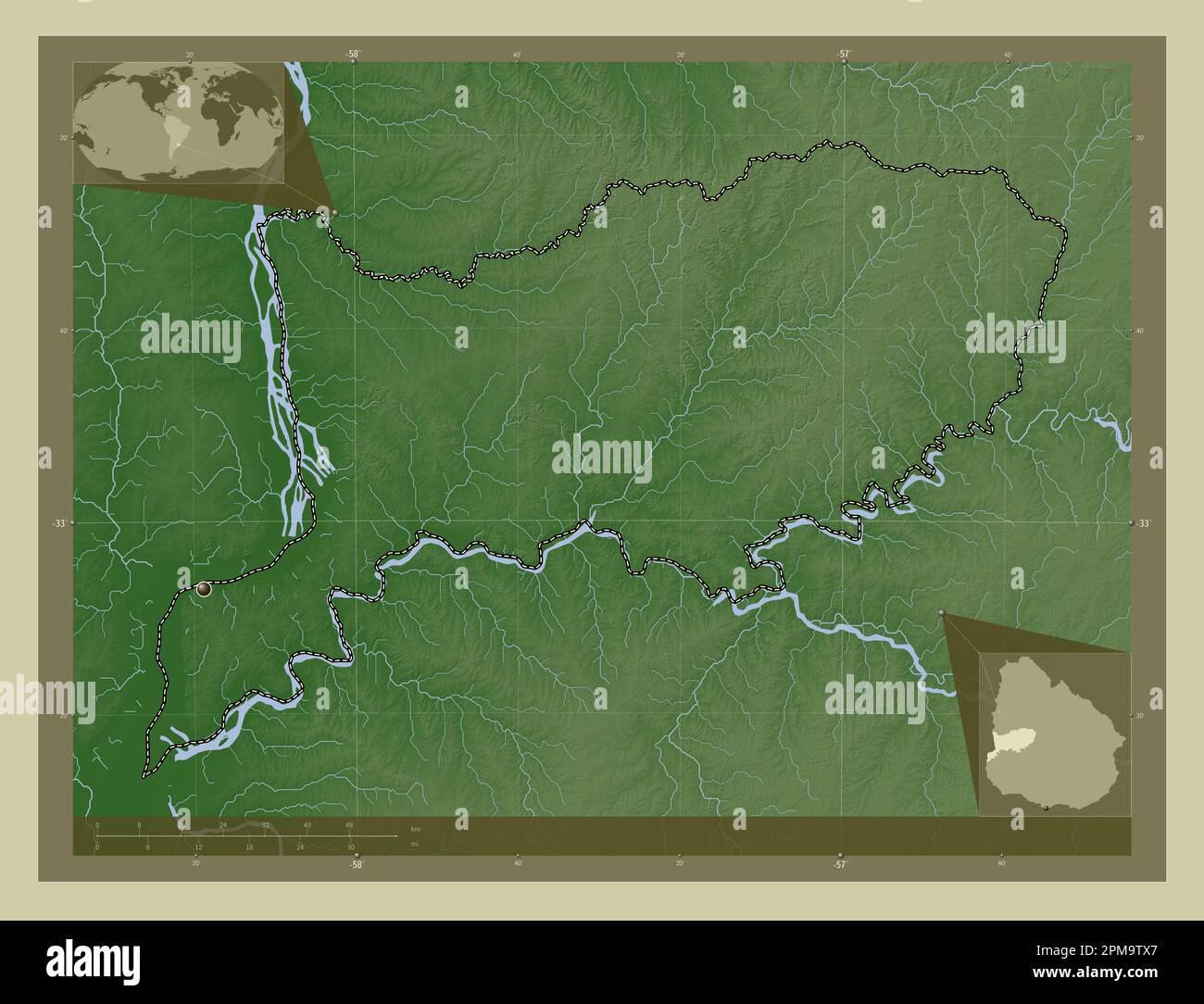 Rio-Negro, department of Uruguay. Elevation map colored in wiki style with lakes and rivers ...