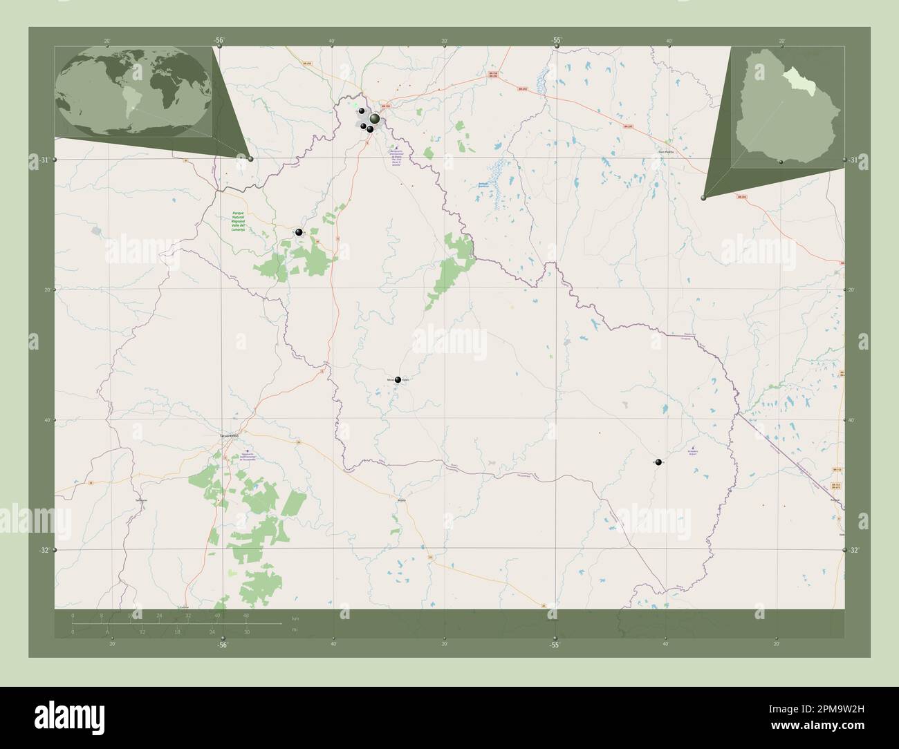 Rivera, department of Uruguay. Open Street Map. Locations of major ...