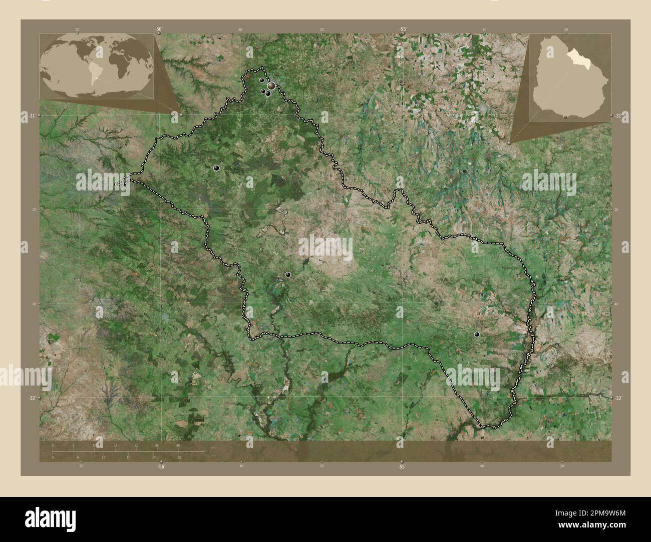 Rivera, department of Uruguay. High resolution satellite map. Locations ...