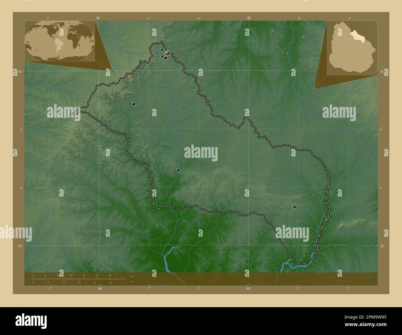 Rivera, department of Uruguay. Colored elevation map with lakes and ...