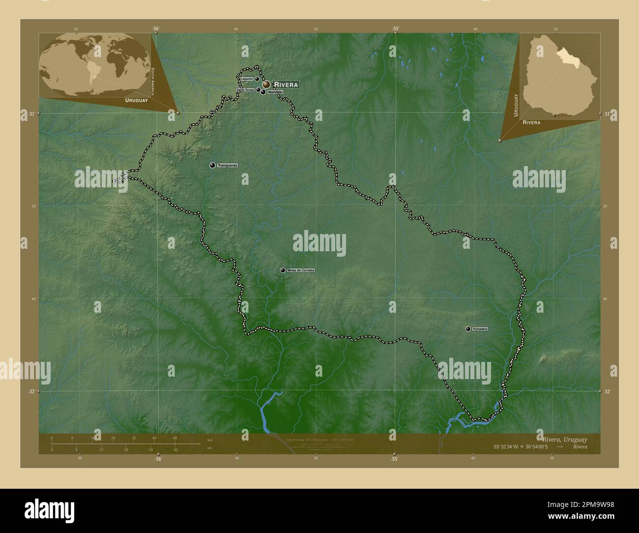 Rivera, department of Uruguay. Colored elevation map with lakes and ...
