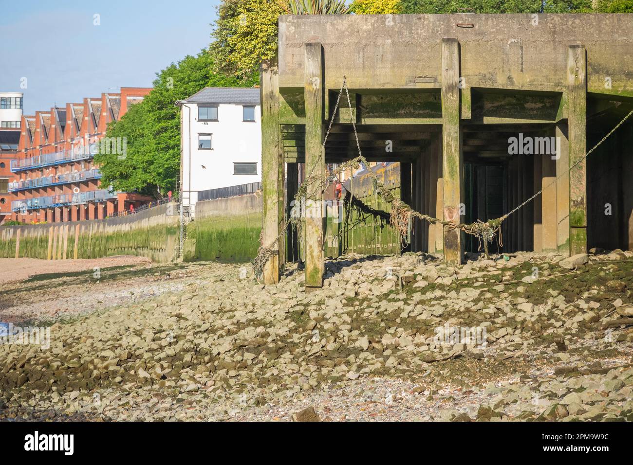 Wooden jetty on the foreshore of river Thames at low tide in London ...