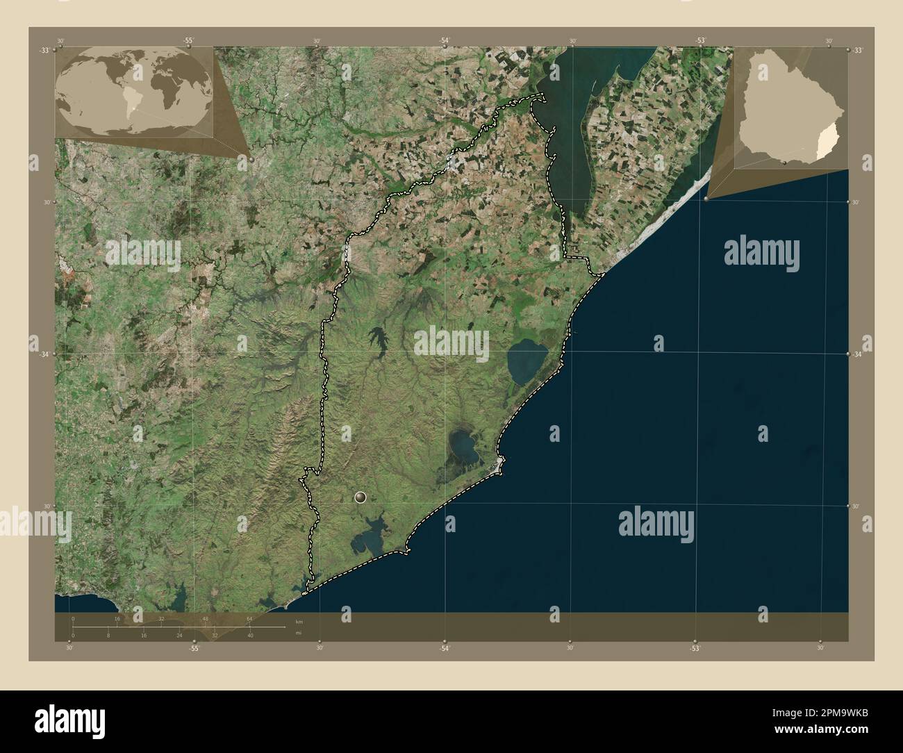 Rocha, department of Uruguay. High resolution satellite map. Corner ...