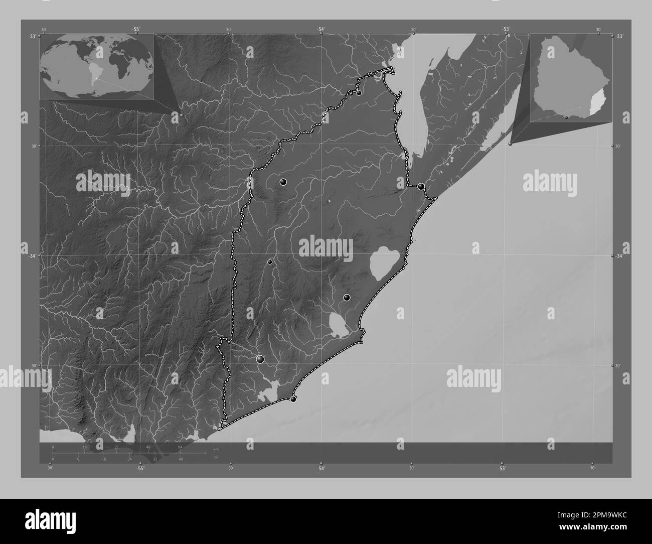 Rocha, department of Uruguay. Grayscale elevation map with lakes and ...