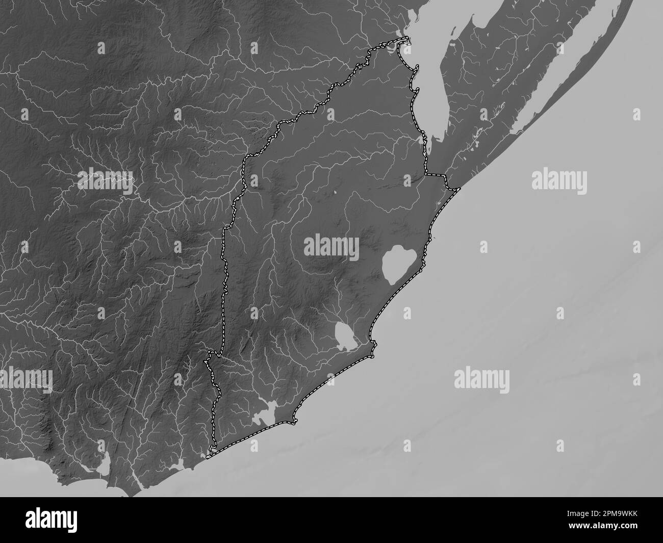 Rocha, department of Uruguay. Grayscale elevation map with lakes and ...