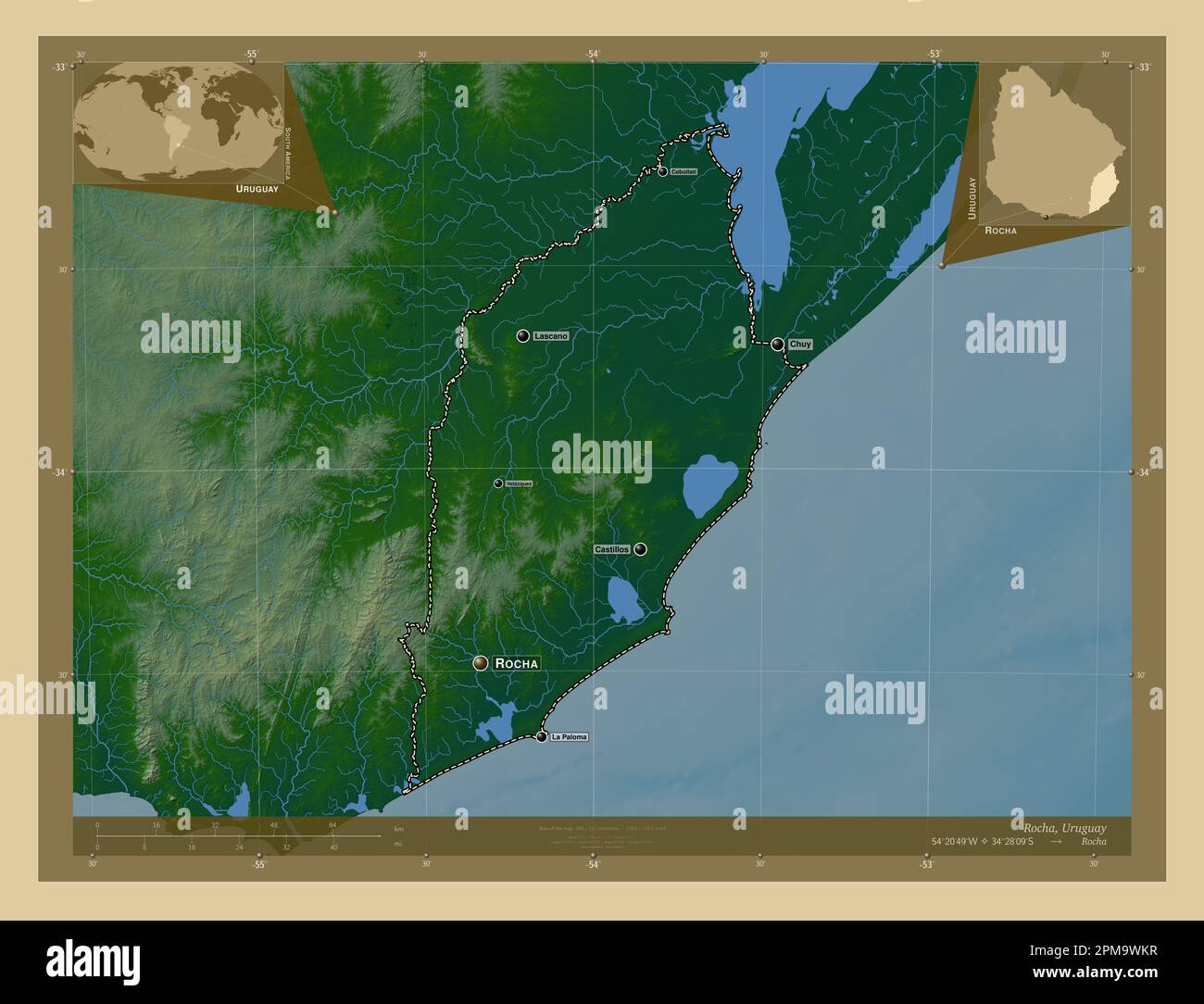 Rocha, department of Uruguay. Colored elevation map with lakes and ...