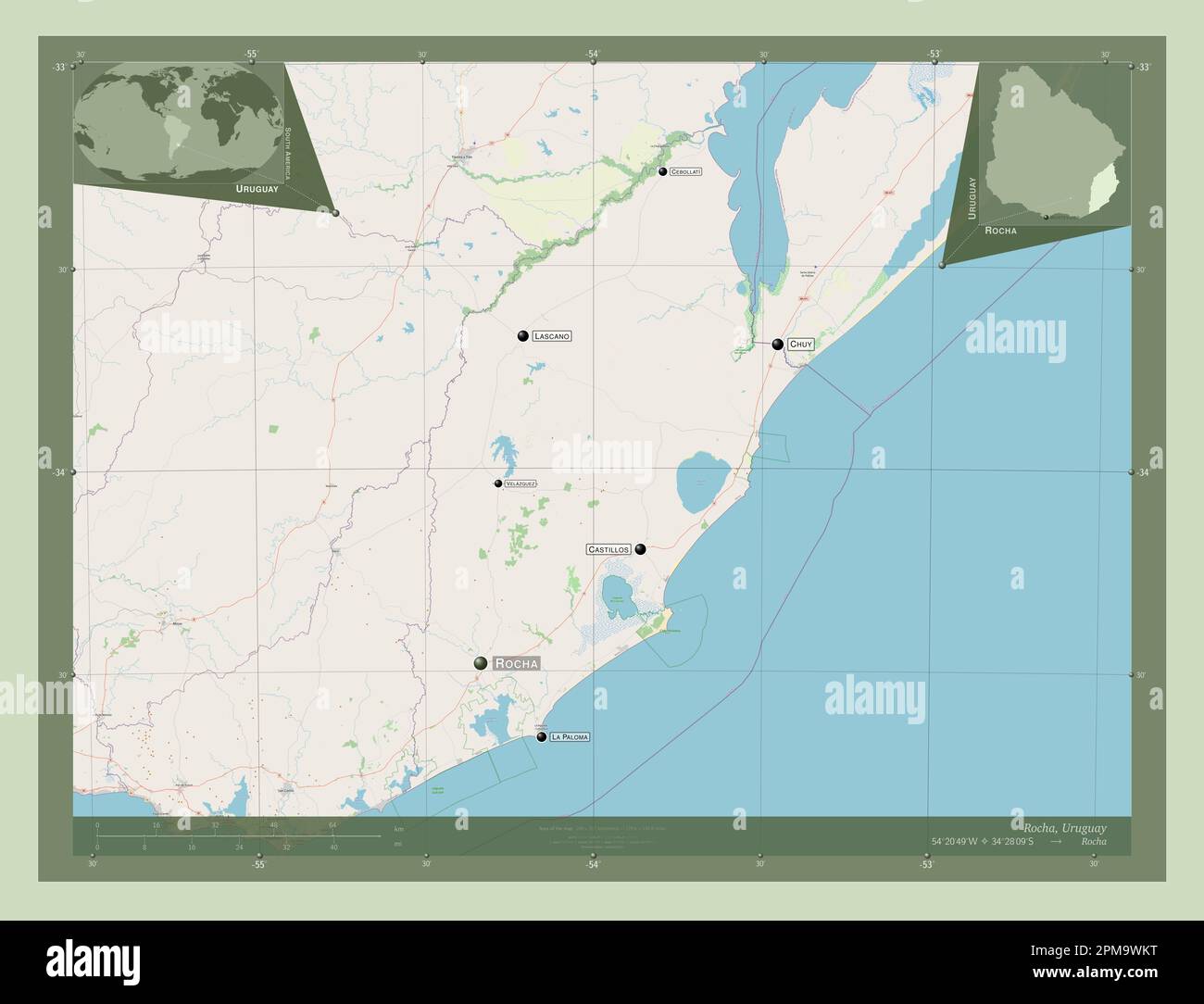Rocha, department of Uruguay. Open Street Map. Locations and names of ...