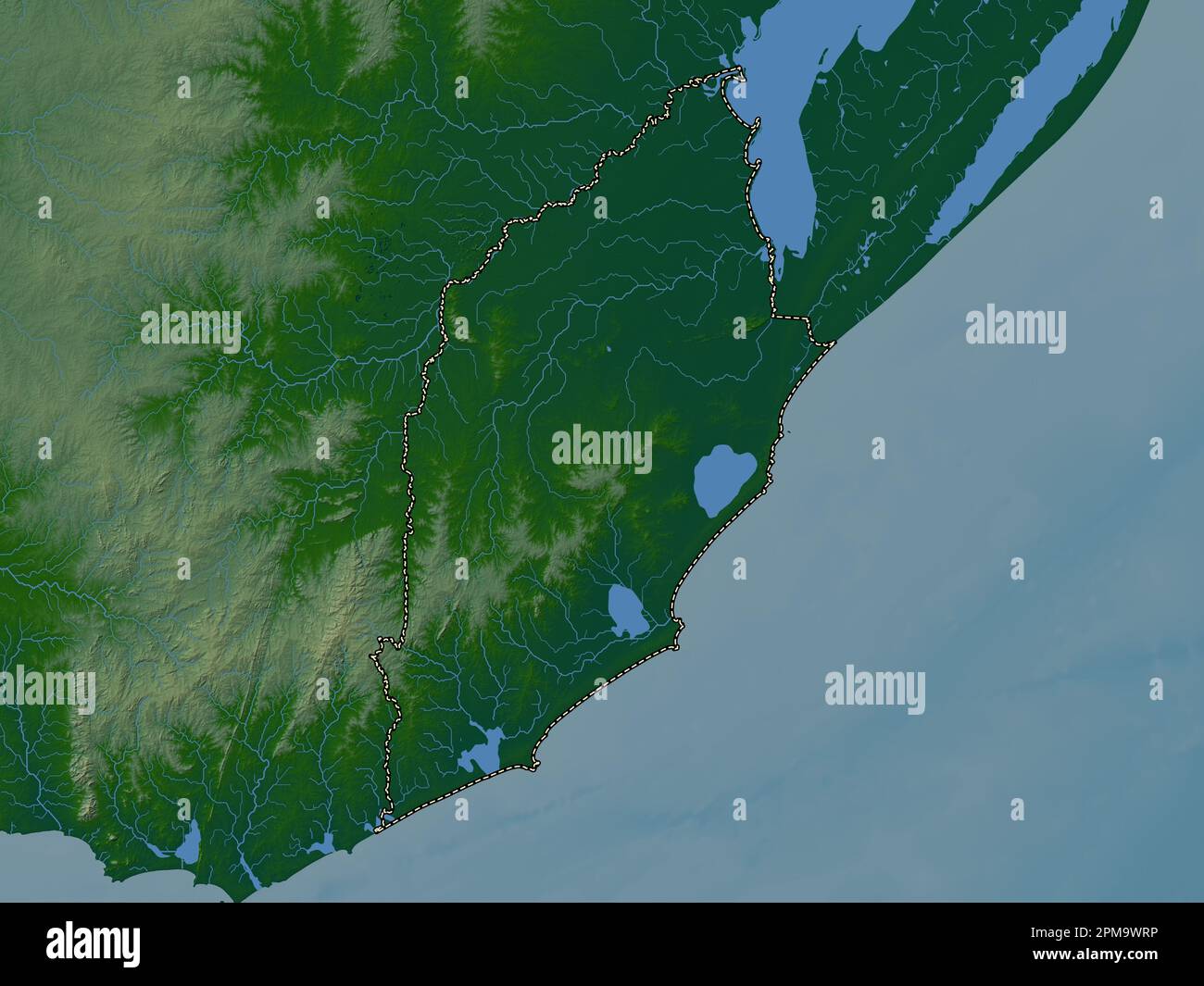 Rocha, department of Uruguay. Colored elevation map with lakes and ...