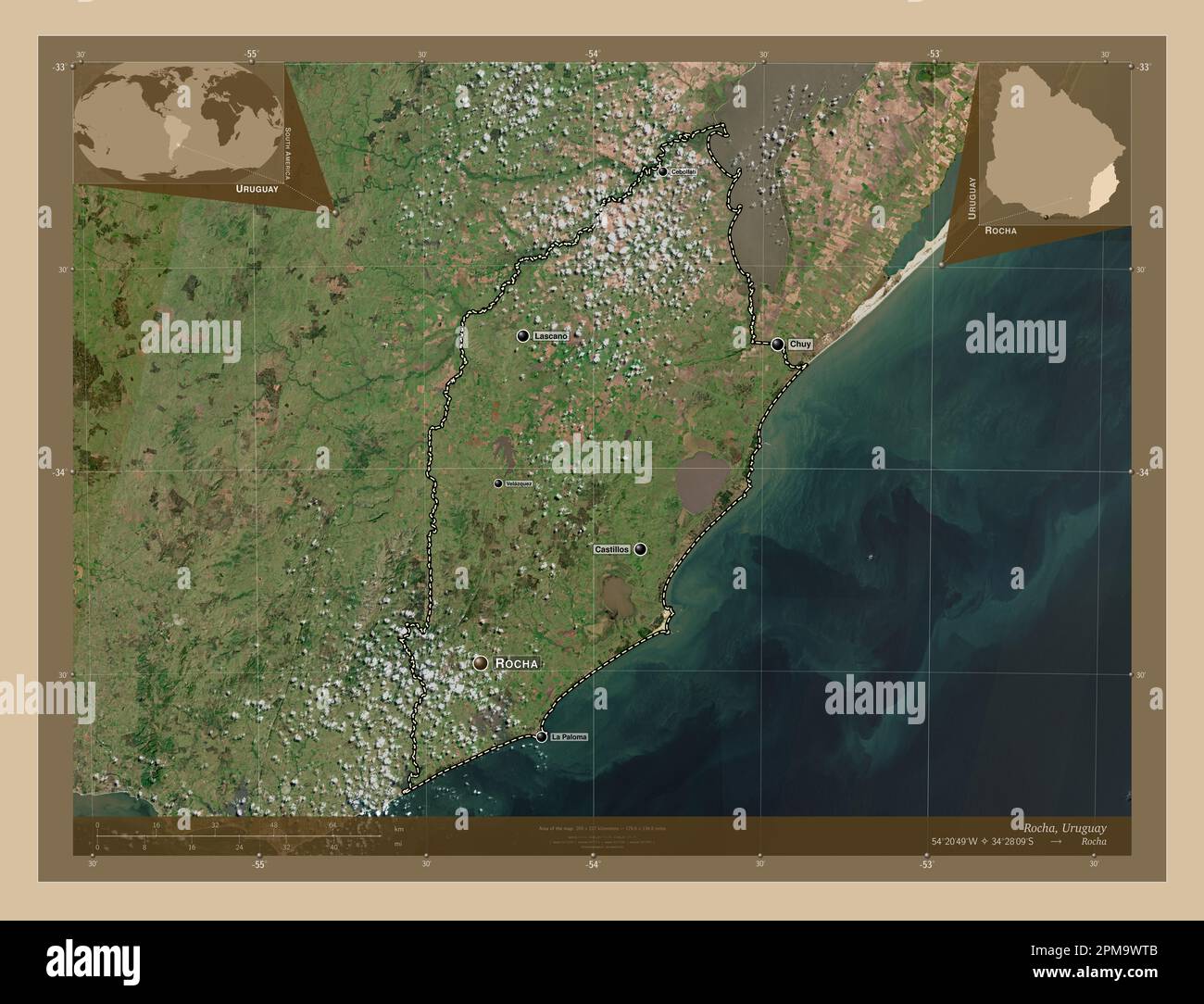 Rocha, department of Uruguay. Low resolution satellite map. Locations ...