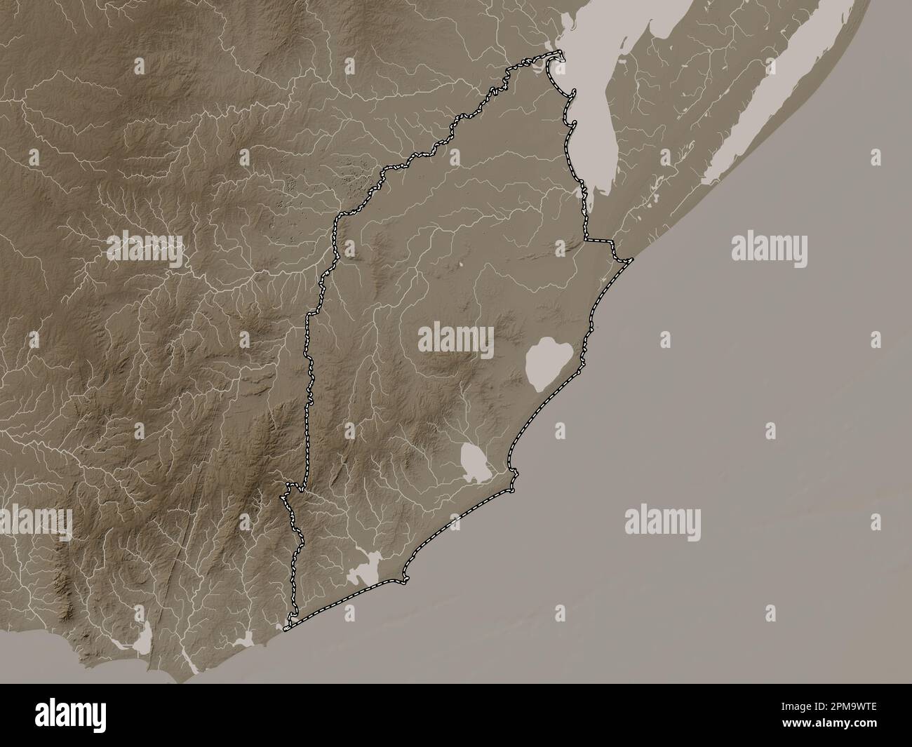 Rocha, department of Uruguay. Elevation map colored in sepia tones with ...