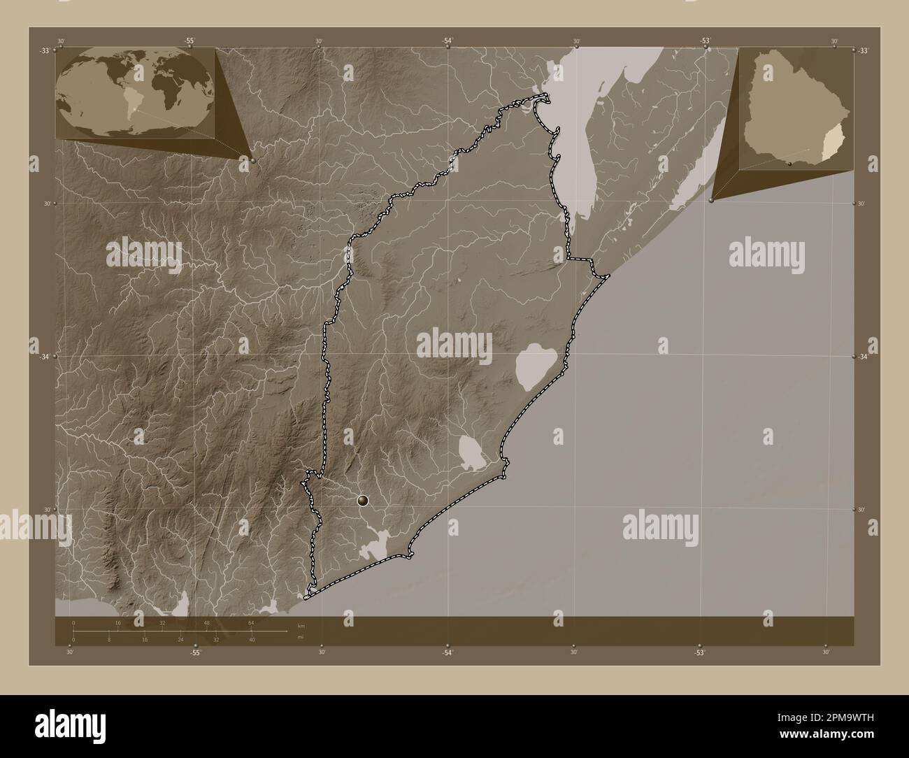 Rocha, department of Uruguay. Elevation map colored in sepia tones with ...