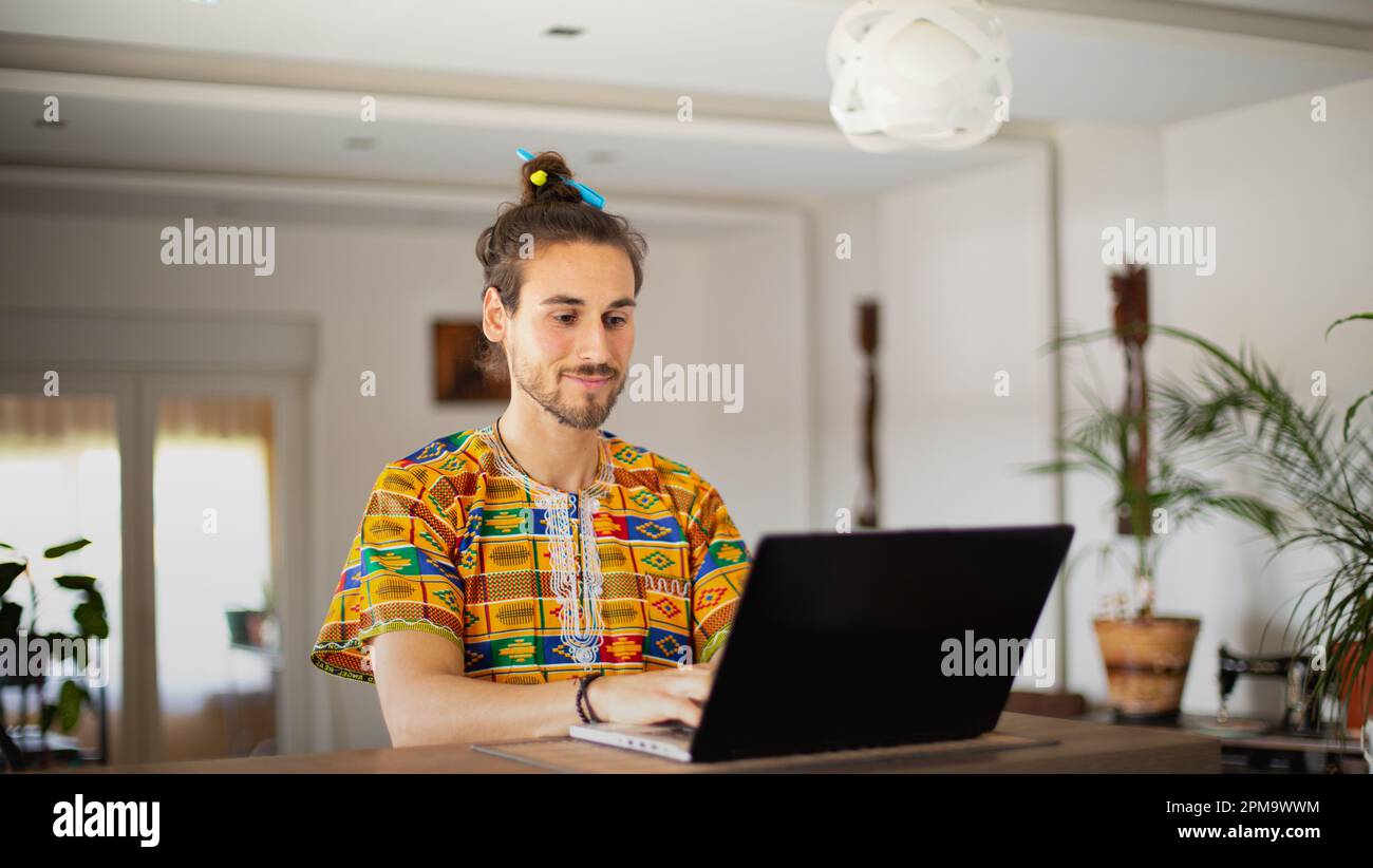 Long hair student work from home Stock Photo - Alamy
