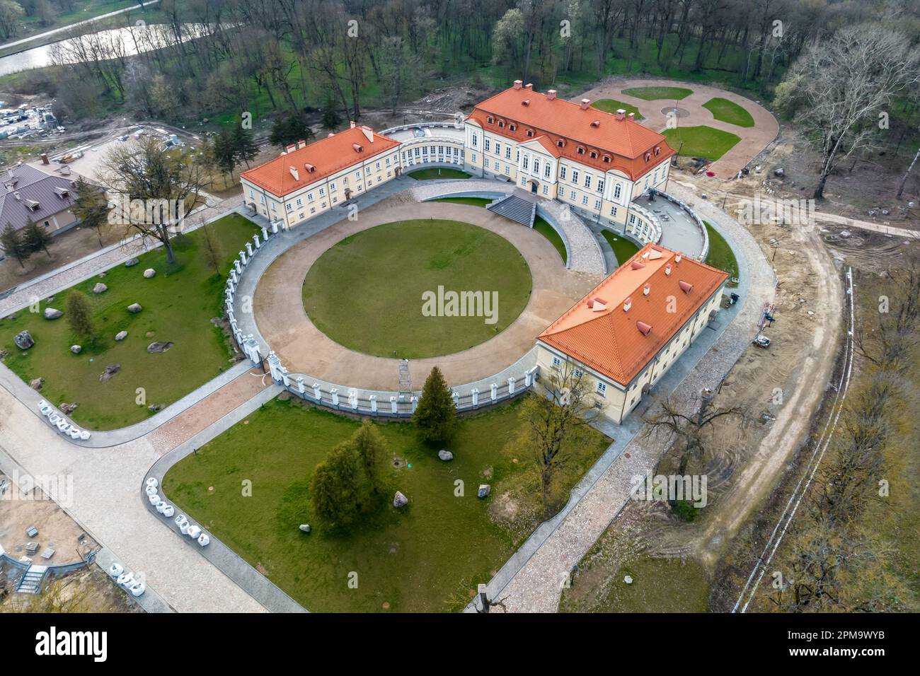 aerial view on overlooking restoration of the historic castle or palace ...