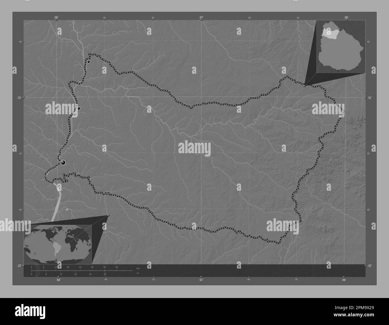 Salto, department of Uruguay. Bilevel elevation map with lakes and ...