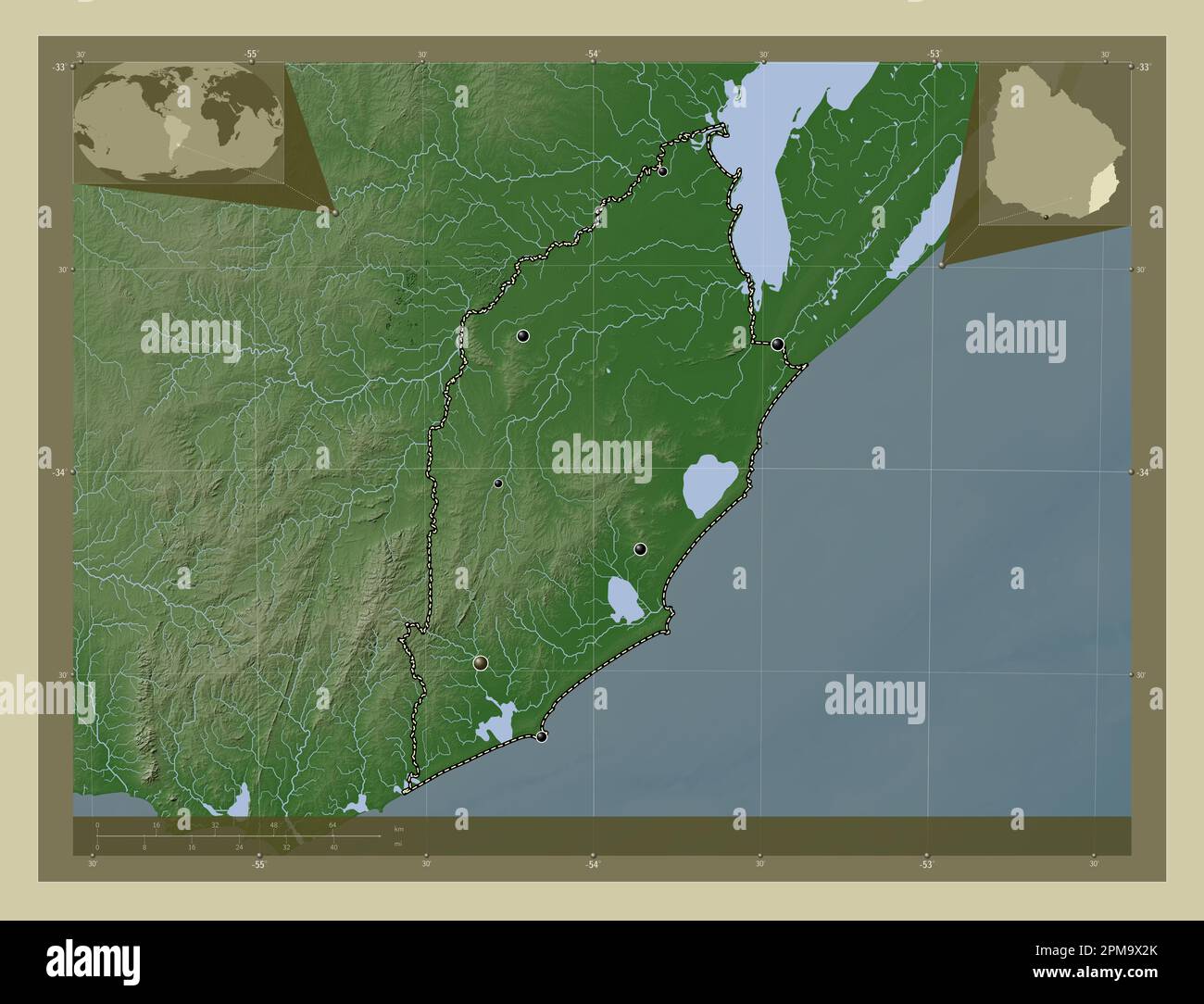 Rocha, department of Uruguay. Elevation map colored in wiki style with ...