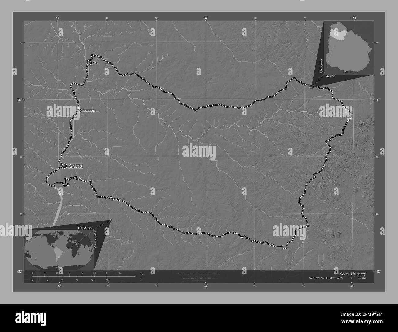 Salto, department of Uruguay. Bilevel elevation map with lakes and ...