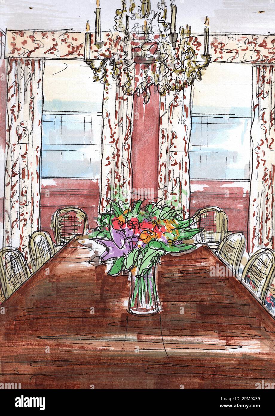 Colour sketch of a traditional dining room Stock Photo - Alamy