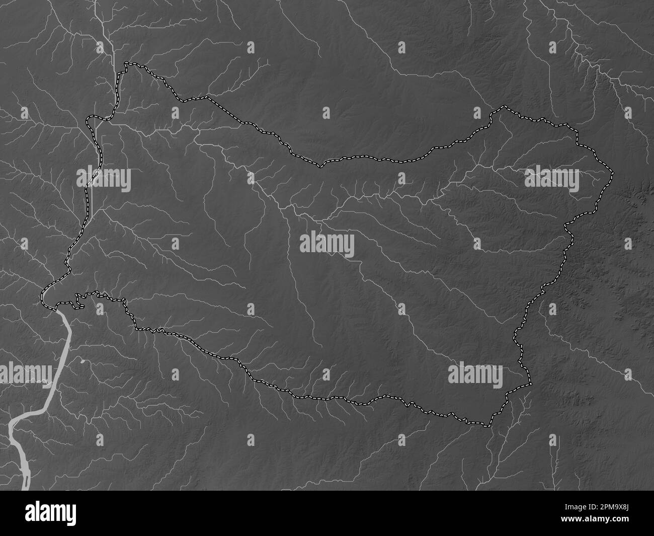 Salto, department of Uruguay. Grayscale elevation map with lakes and ...