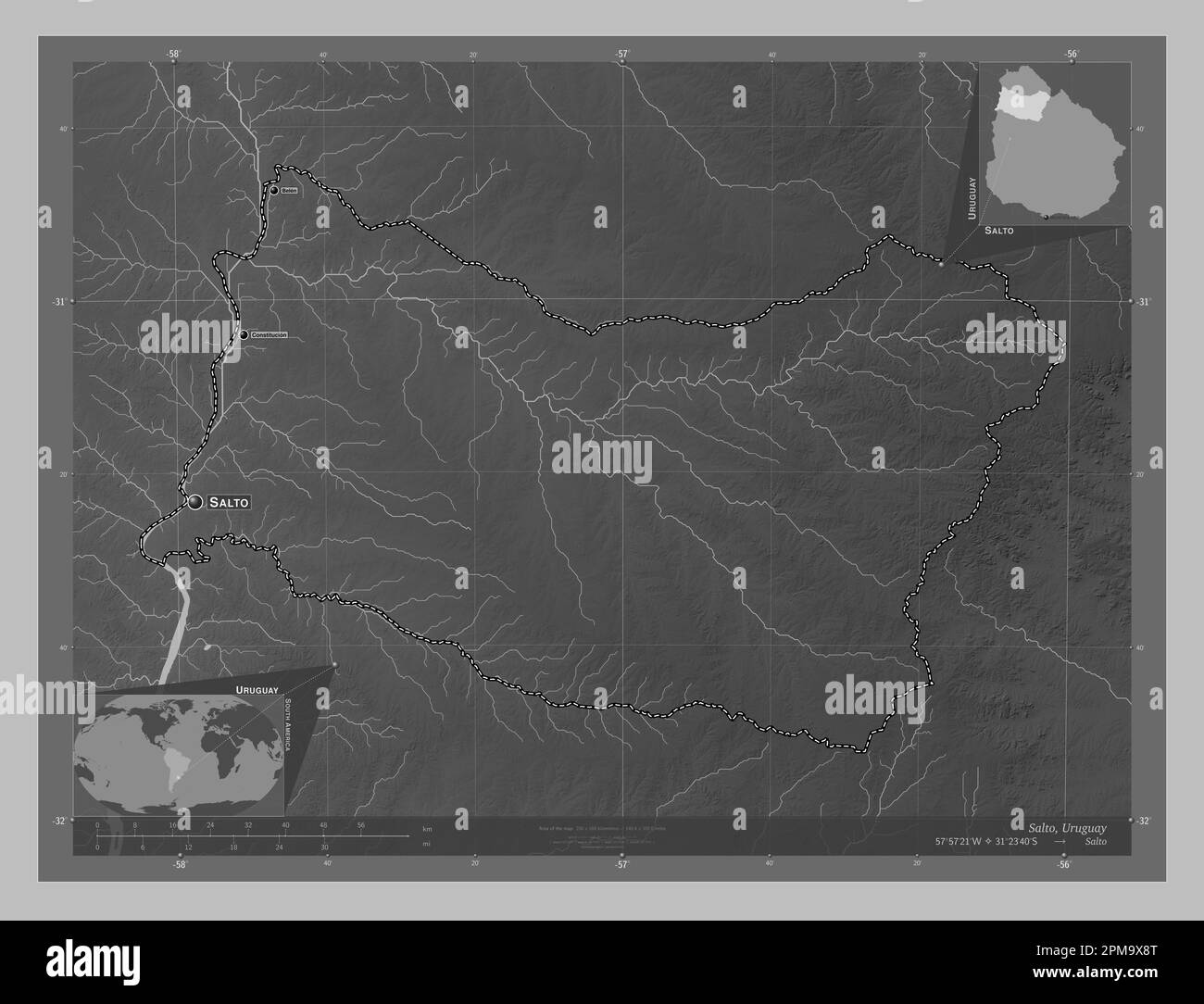 Salto, department of Uruguay. Grayscale elevation map with lakes and ...
