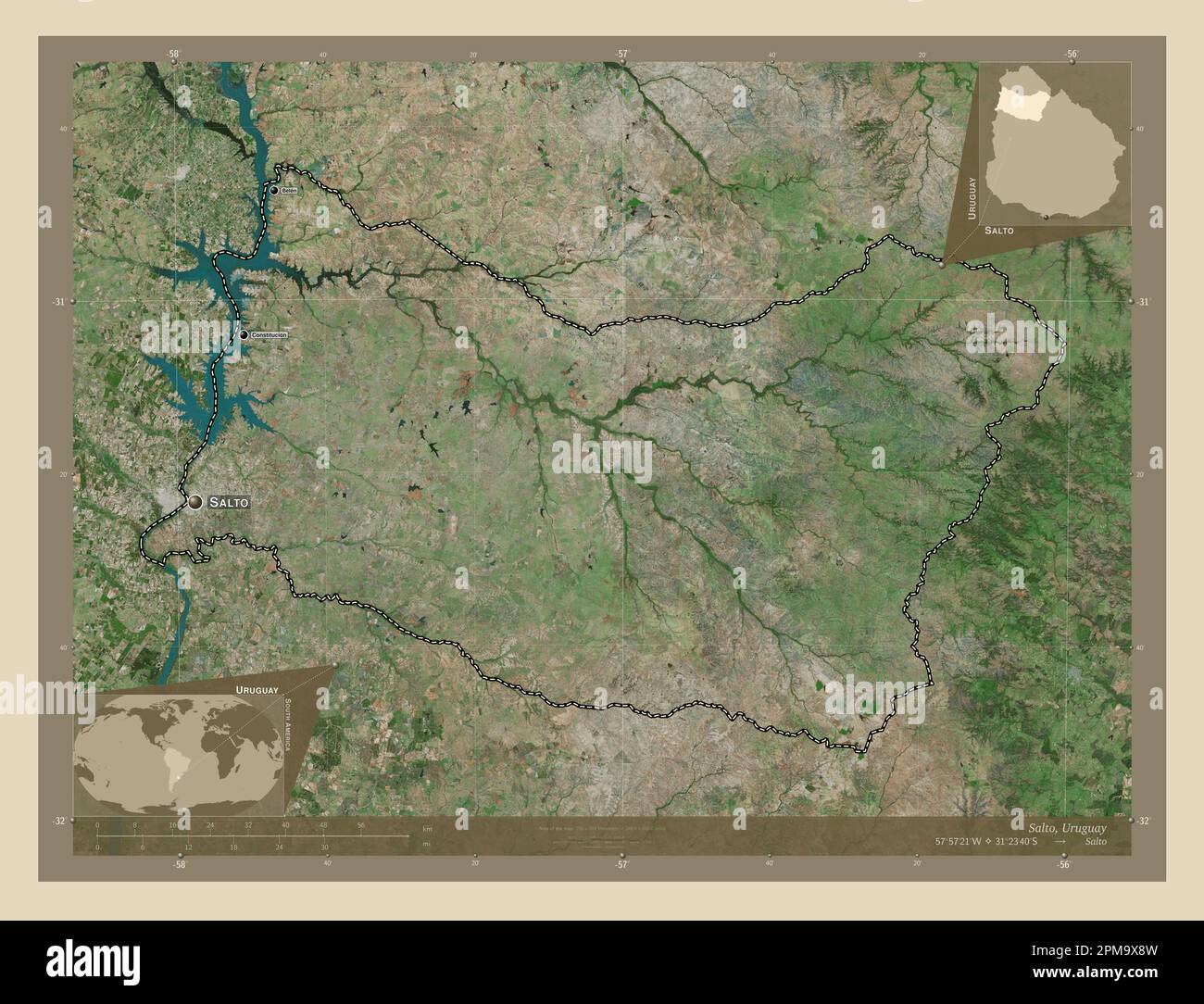 Salto, department of Uruguay. High resolution satellite map. Locations ...