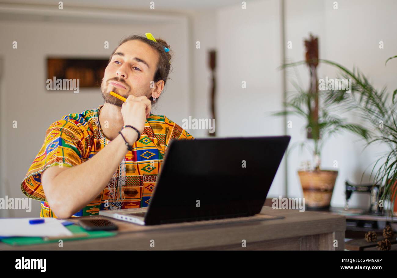 Long hair student work from home Stock Photo - Alamy