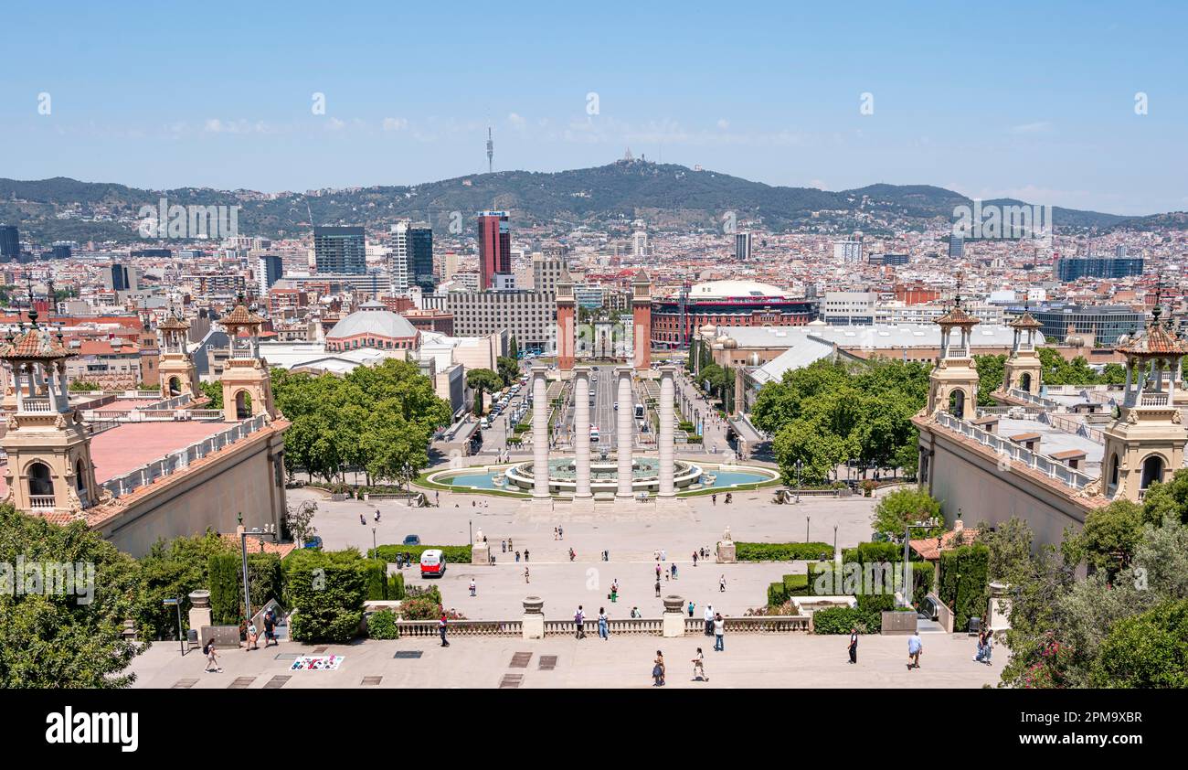 View of the Magic Fountain of Montjuic, Venetian Towers and Placa ...