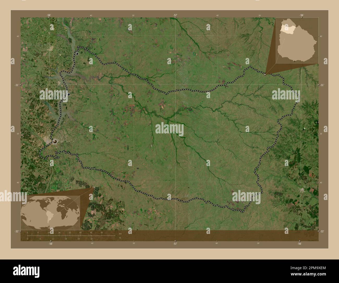 Salto, department of Uruguay. Low resolution satellite map. Locations ...