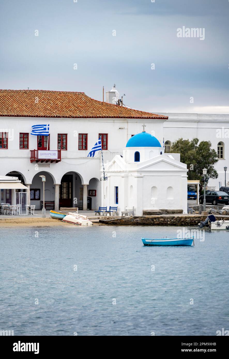 Old Port of Mykonos with Town Hall and Cycladic Greek Orthodox Church ...