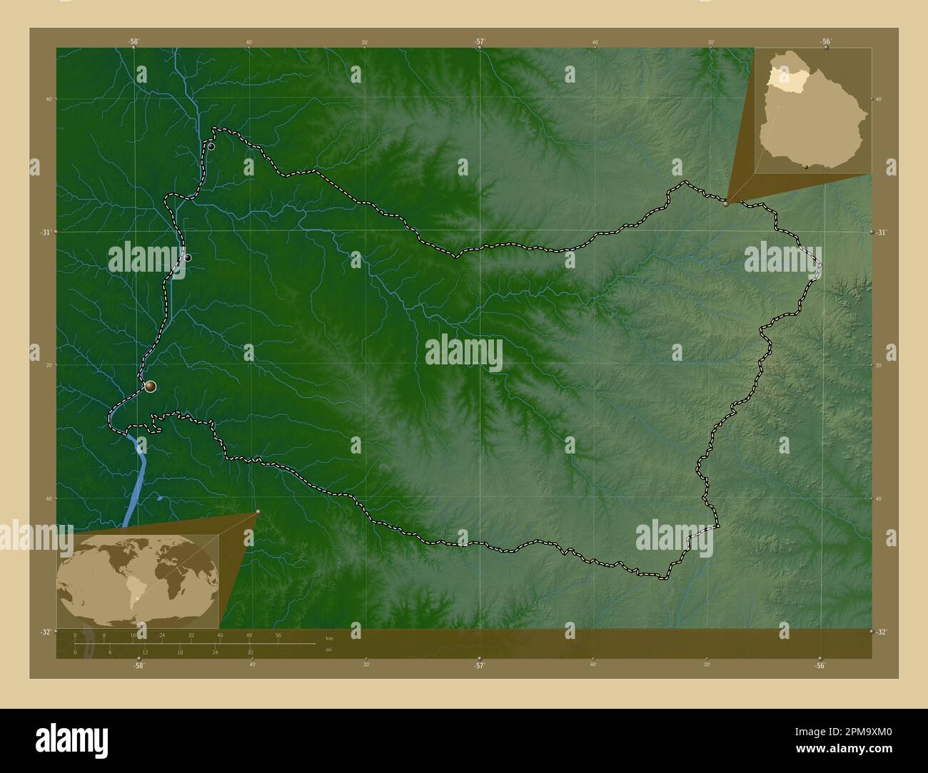 Salto, department of Uruguay. Colored elevation map with lakes and ...