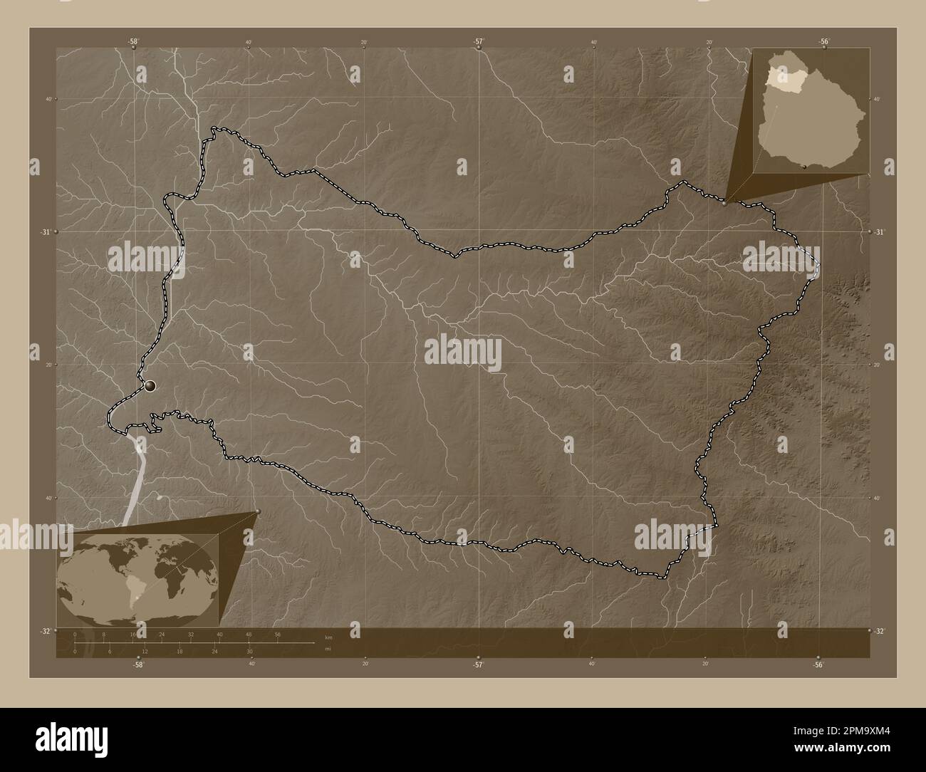 Salto, department of Uruguay. Elevation map colored in sepia tones with ...