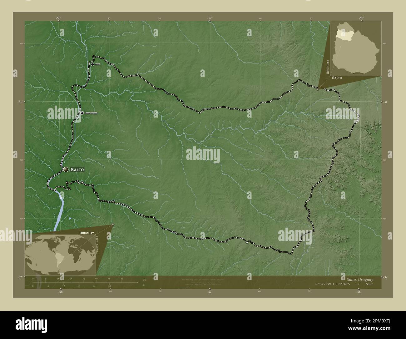 Salto, department of Uruguay. Elevation map colored in wiki style with ...