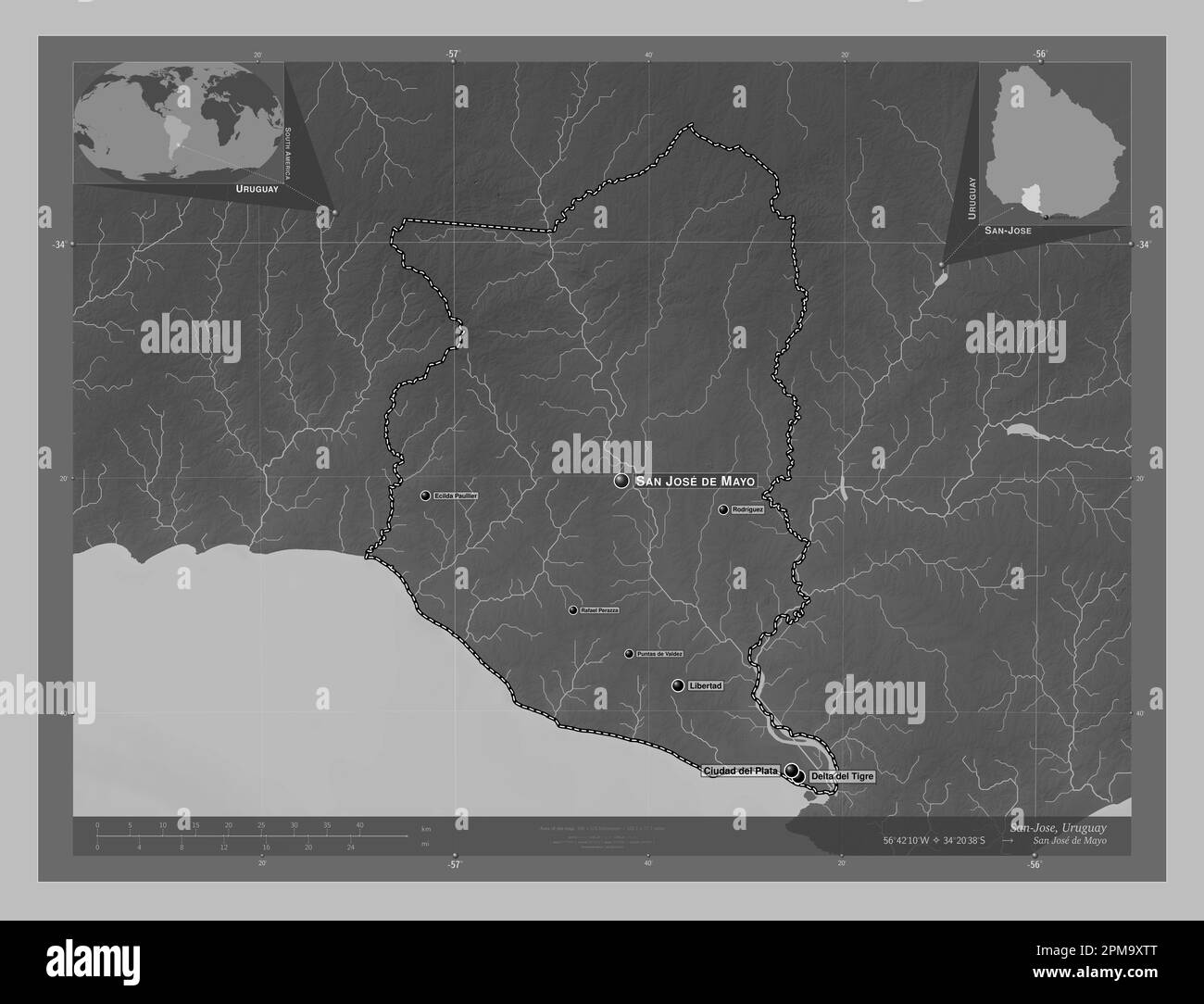 San-Jose, department of Uruguay. Grayscale elevation map with lakes and ...