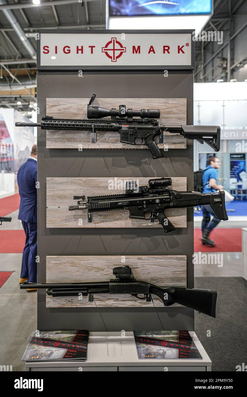 Brno, Czechia - October 08, 2021: Modern rifles with mounted scope ...
