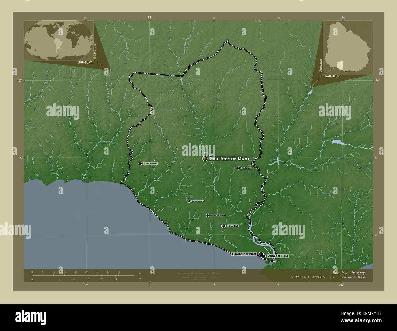 San-Jose, department of Uruguay. Elevation map colored in wiki style ...