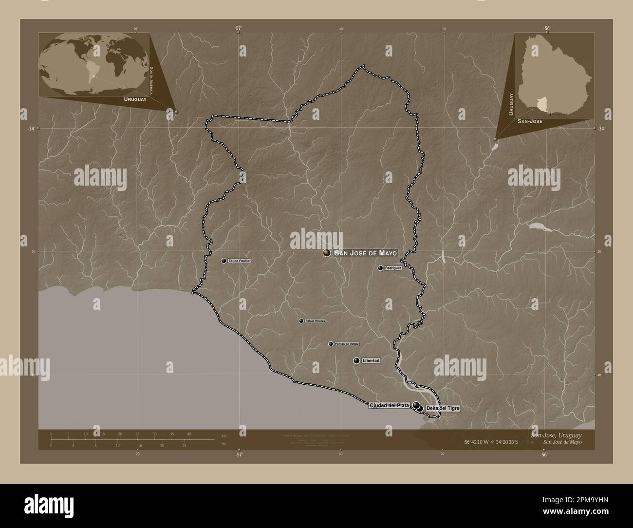 San-Jose, department of Uruguay. Elevation map colored in sepia tones ...