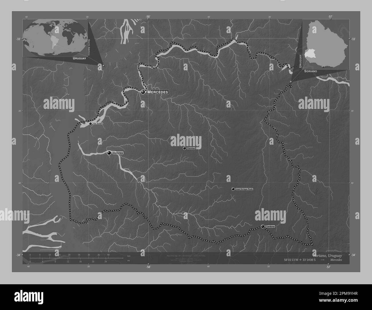 Soriano, department of Uruguay. Grayscale elevation map with lakes and ...