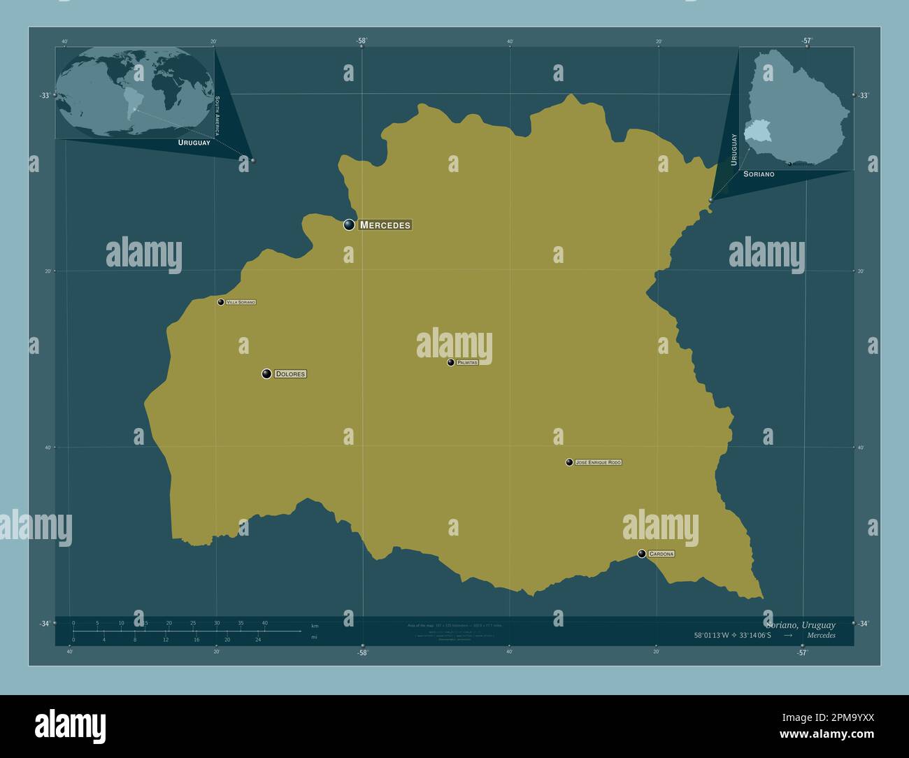 Soriano, department of Uruguay. Solid color shape. Locations and names ...