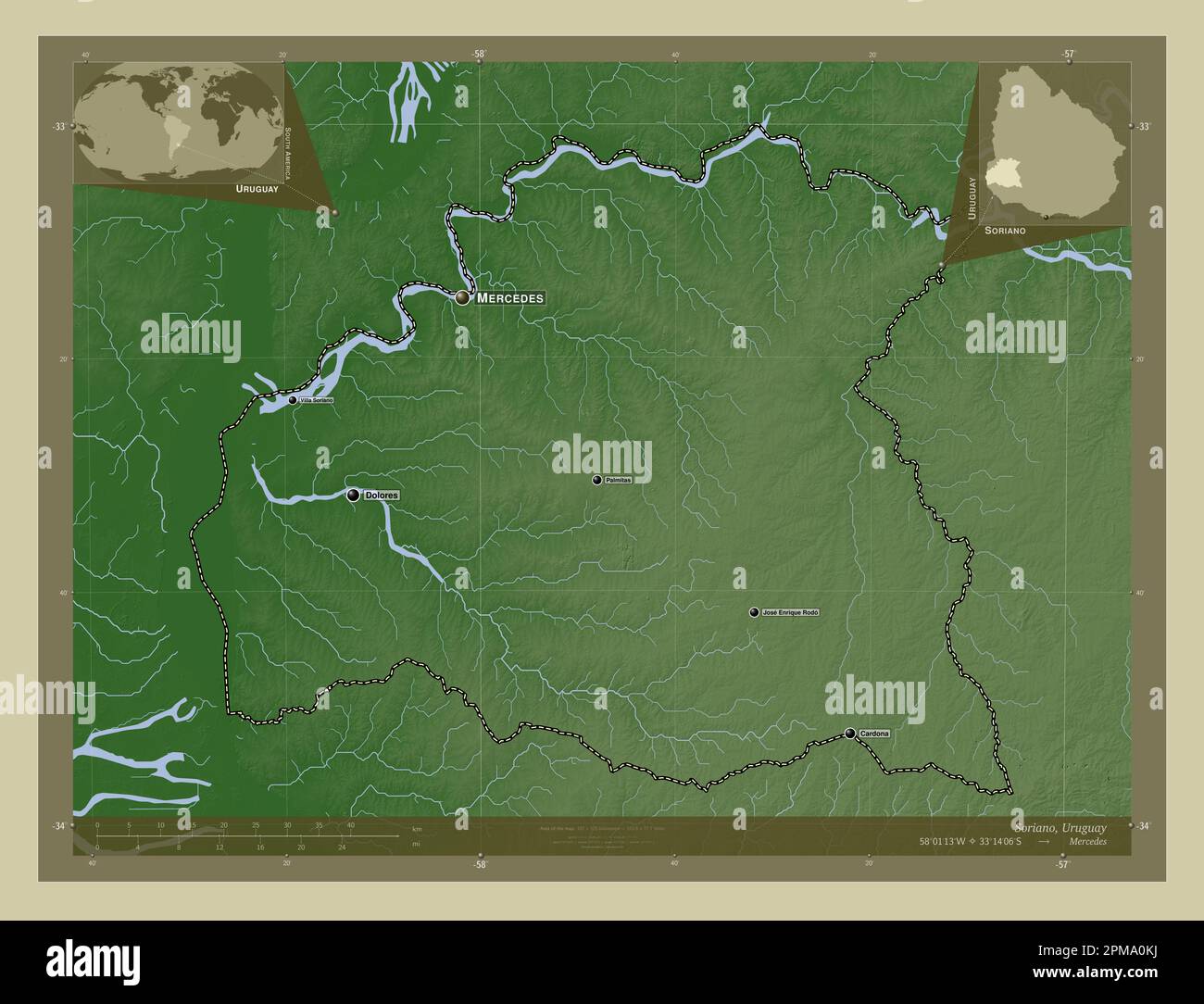 Soriano, department of Uruguay. Elevation map colored in wiki style ...