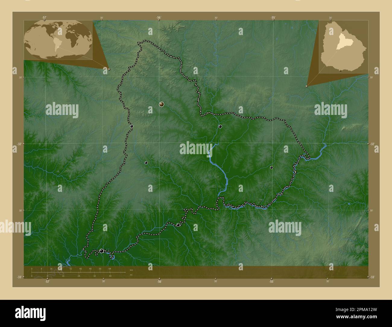 Tacuarembo, department of Uruguay. Colored elevation map with lakes and ...