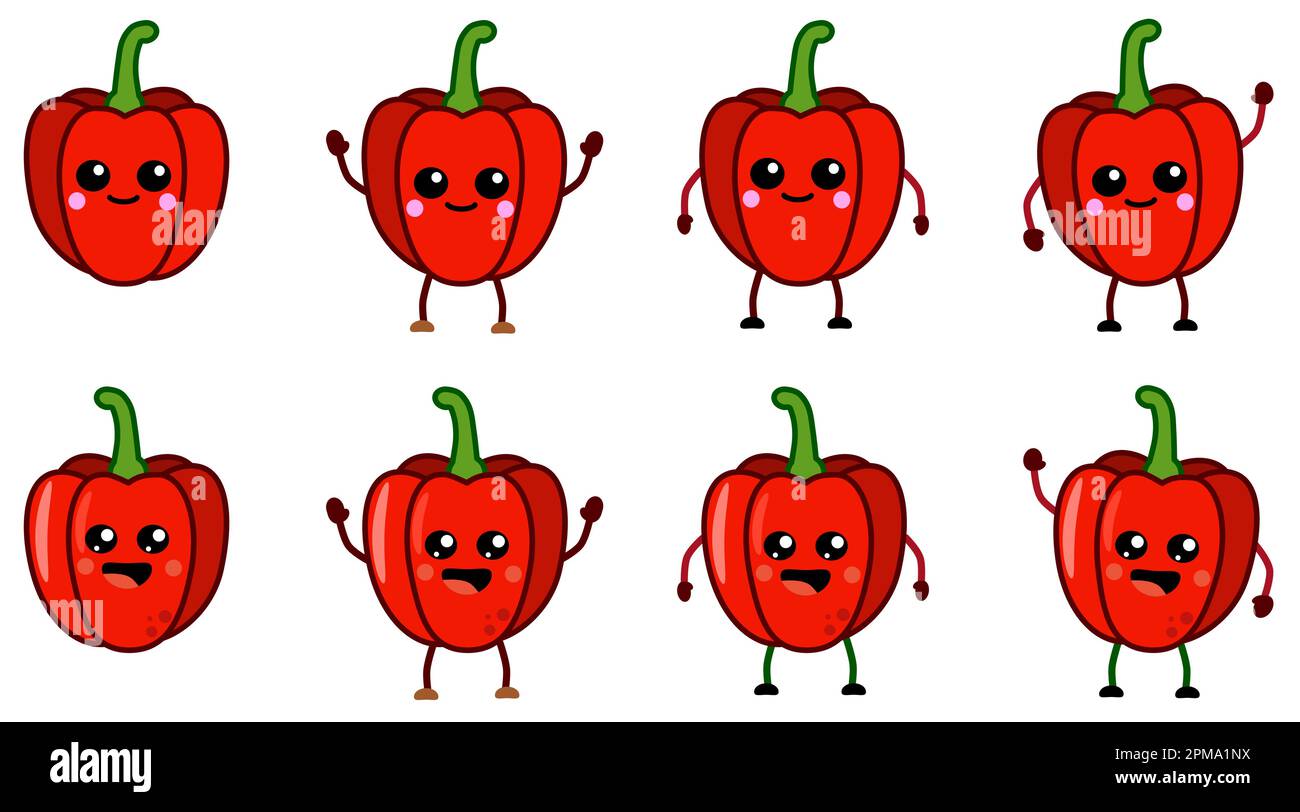 Cute kawaii style red bell pepper icon, large eyes, smiling. Version ...