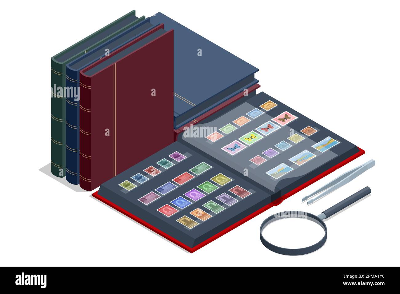 Isometric stamp collecting concept. Old vintage collectible postage ...