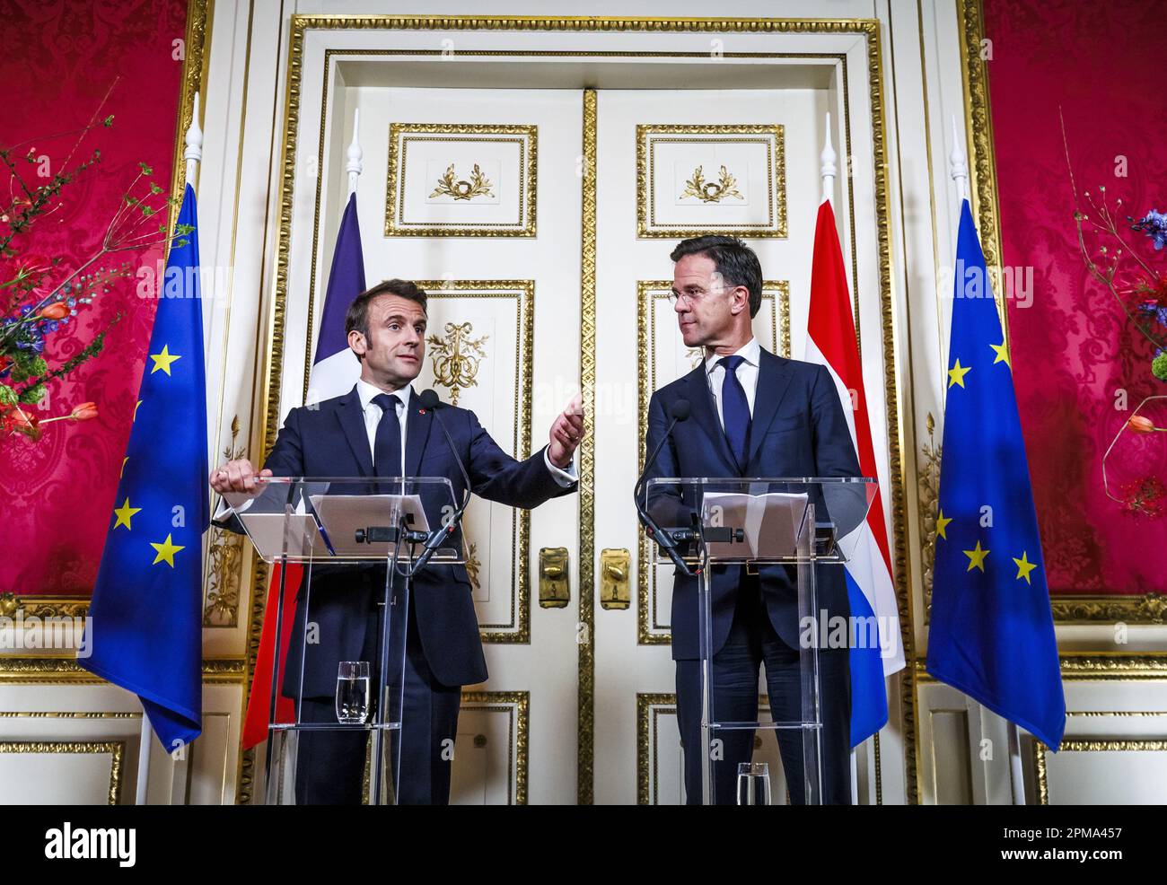 AMSTERDAM - 12/04/2023, French President Emmanuel Macron and Prime ...