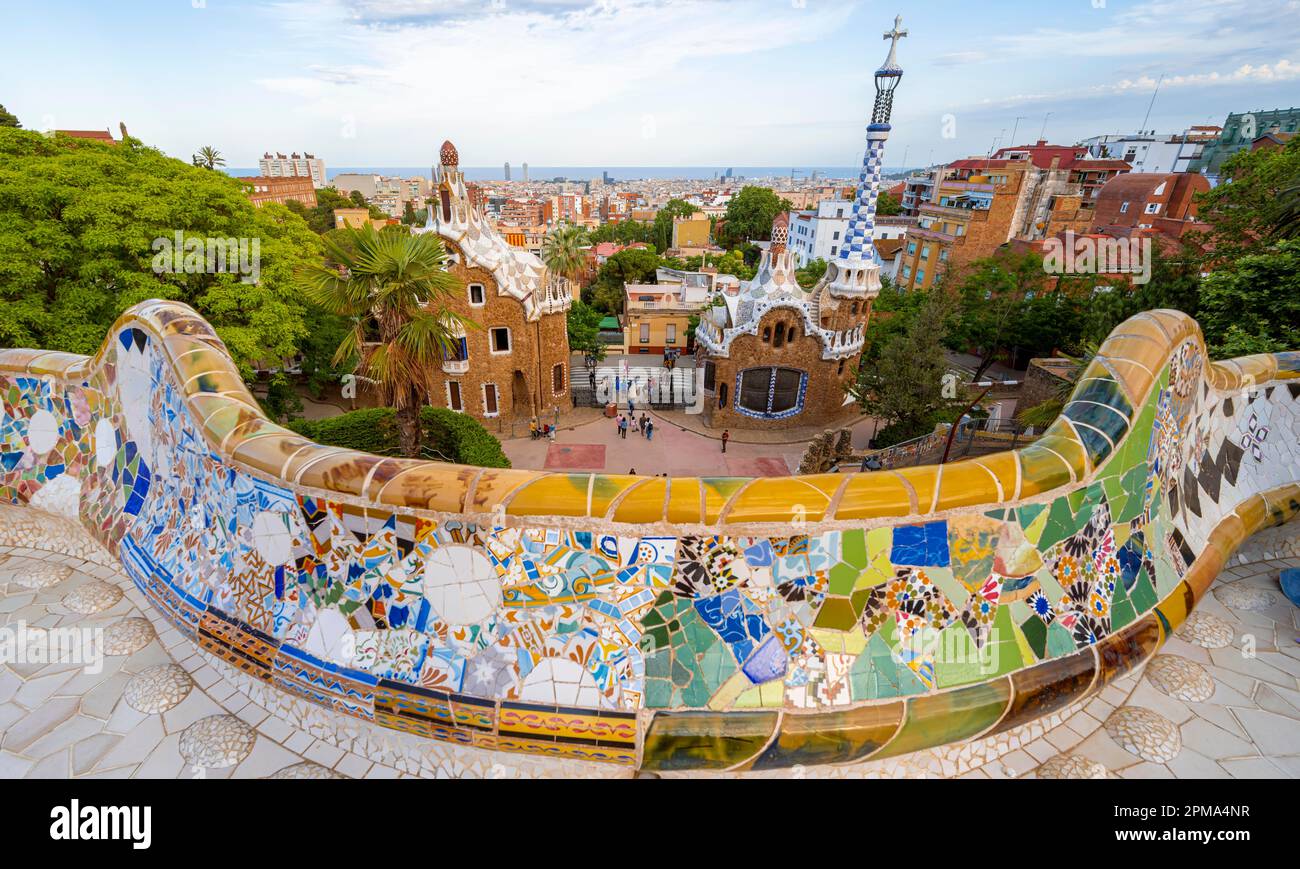 City view of Barcelona, Colourful mosaic, Park Gueell, Park by Antoni ...