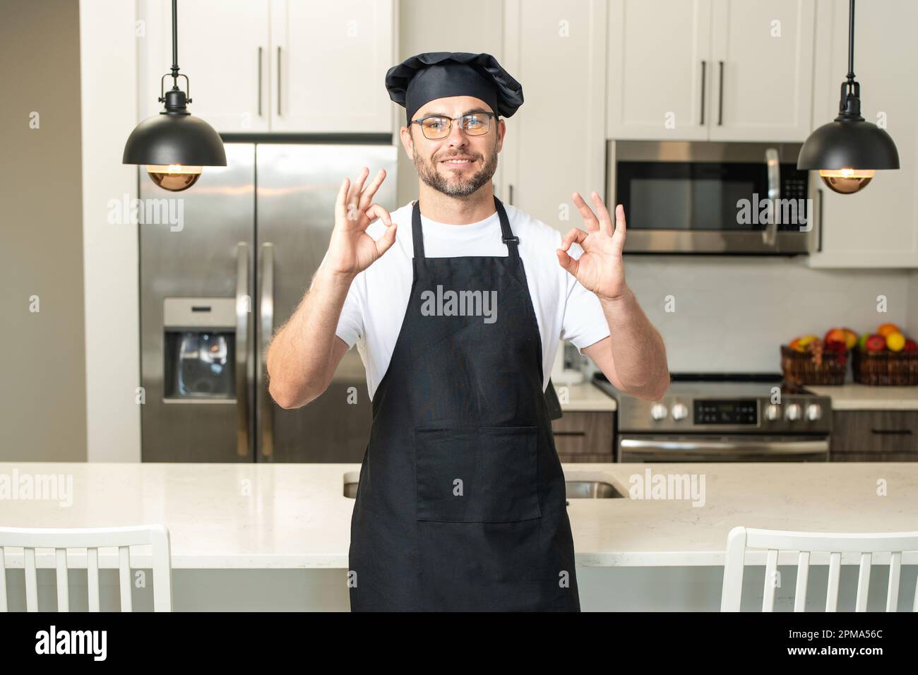 Chef cook with ok sign, delicious food. Restaurant menu concept ...