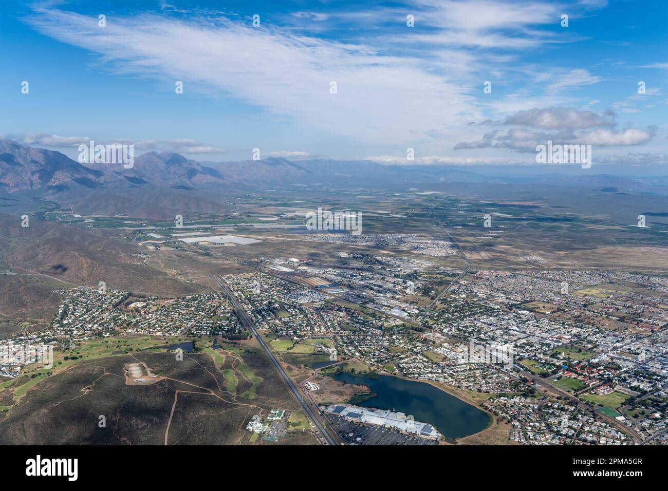aerial landscape, from a glider, with little town and Langesberger ...