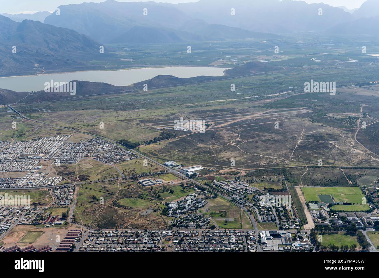 aerial landscape, from a glider, with airfield and Brandveildam lake in ...