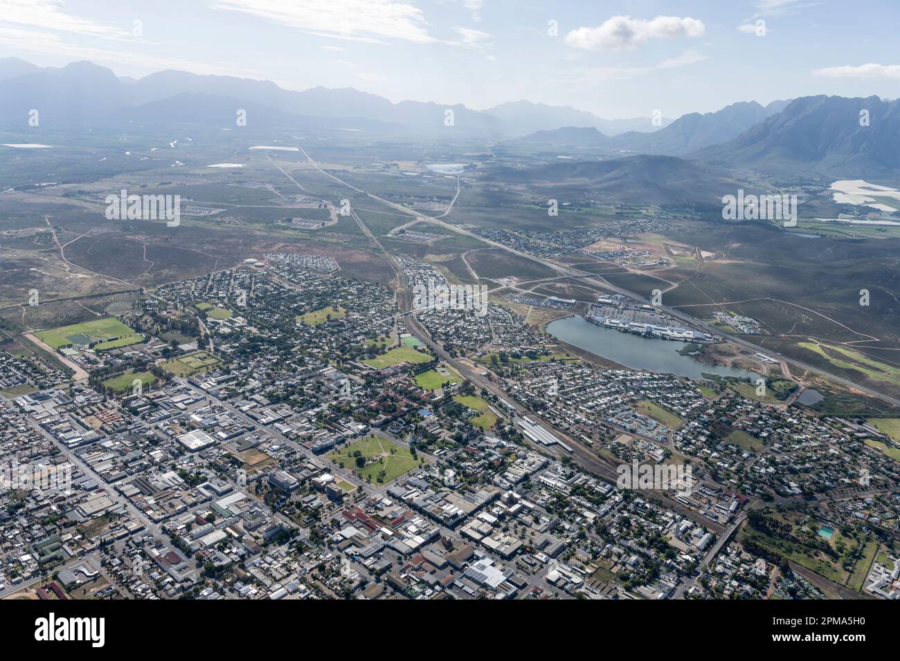 aerial landscape, from a glider, with railway, highway and Worcester ...