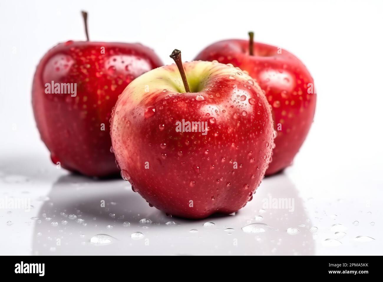 Three red apples on a white background with water drops Stock Photo - Alamy